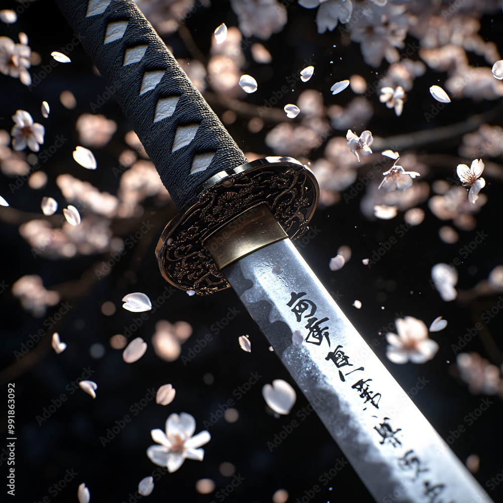 Close-up of katana sword reflecting cherry blossoms and traditional ...