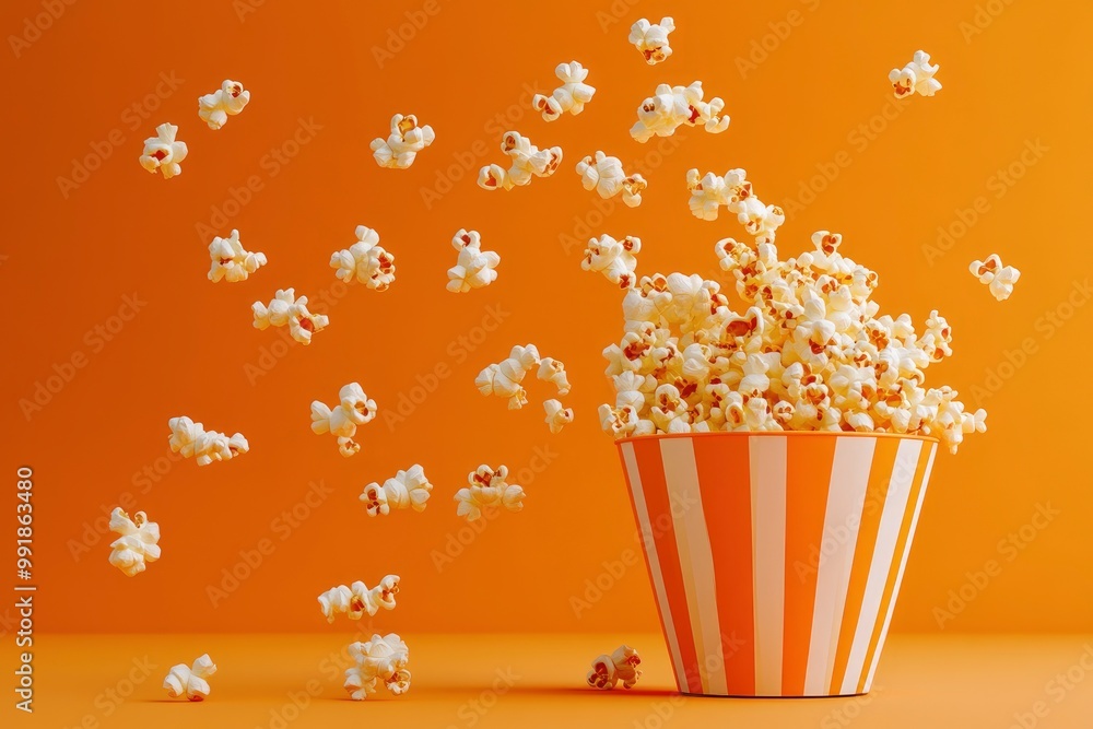 Popcorn falling into a bucket on orange background. 3d rendering ...