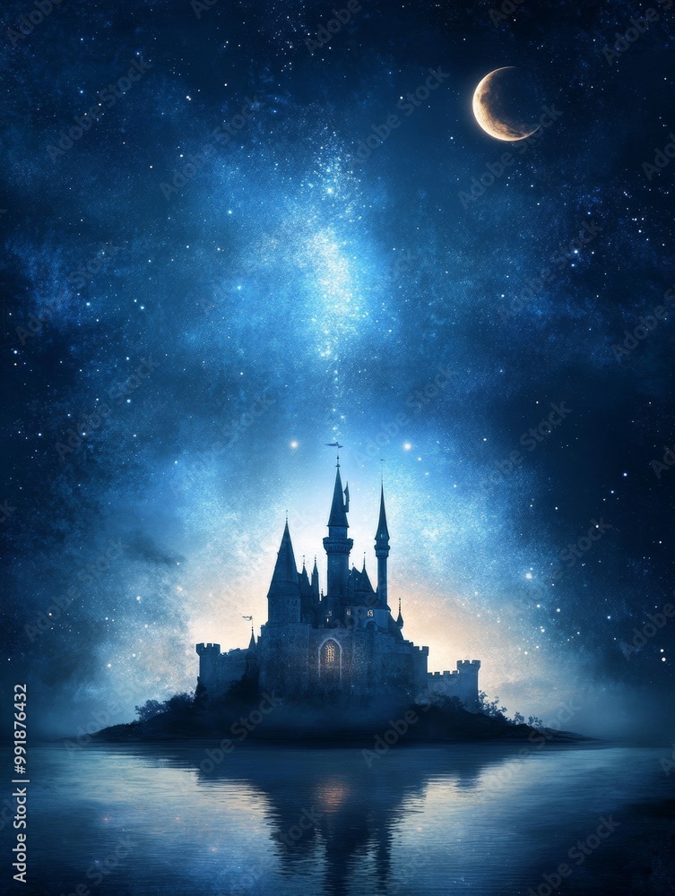 A majestic castle stands tall on an island, bathed in the ethereal glow ...