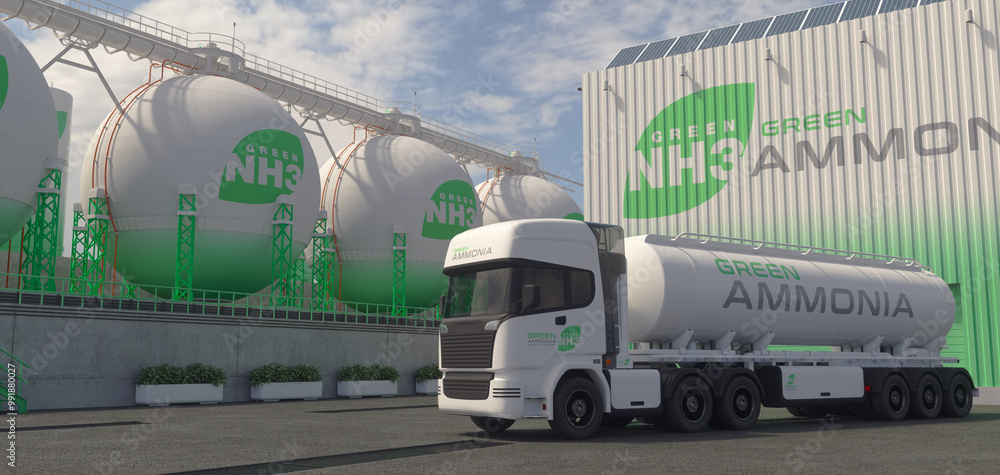 Green ammonia generating plant. Tanks and truck. Realistic 3D render ...