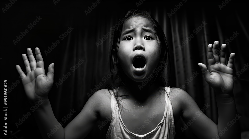 A young girl expresses shock with her hands raised in a dimly lit room ...
