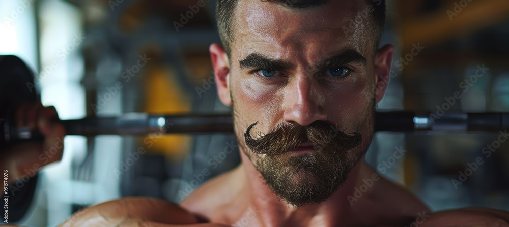 Strong Man with Mustache Lifting Weights in Modern Gym Setting ...
