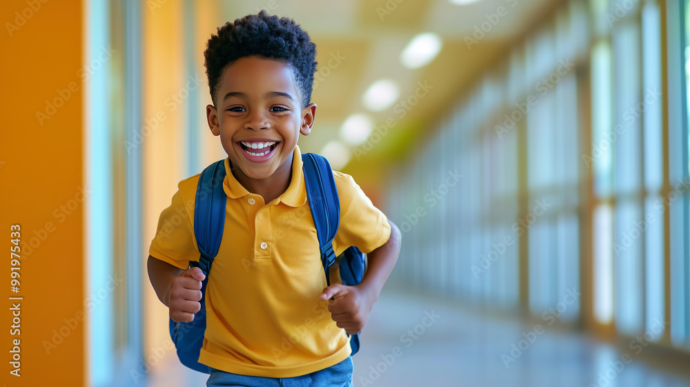 Inclusive image of a smiling african american school boy running down ...