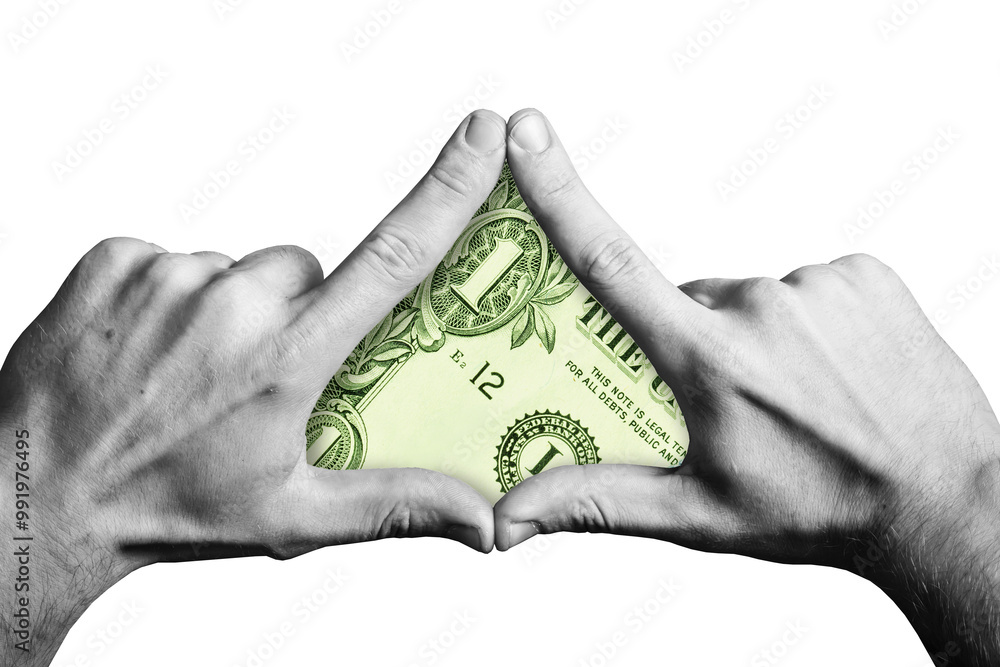 Money worship background. Fingers arranged in a triangle with one ...