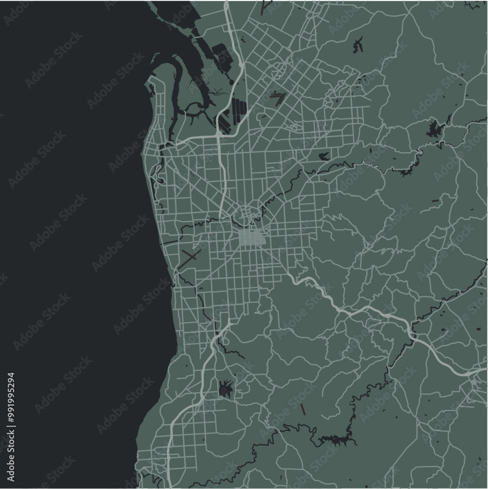 Map of Adelaide in Australia in a smooth dark style. Contains layered ...