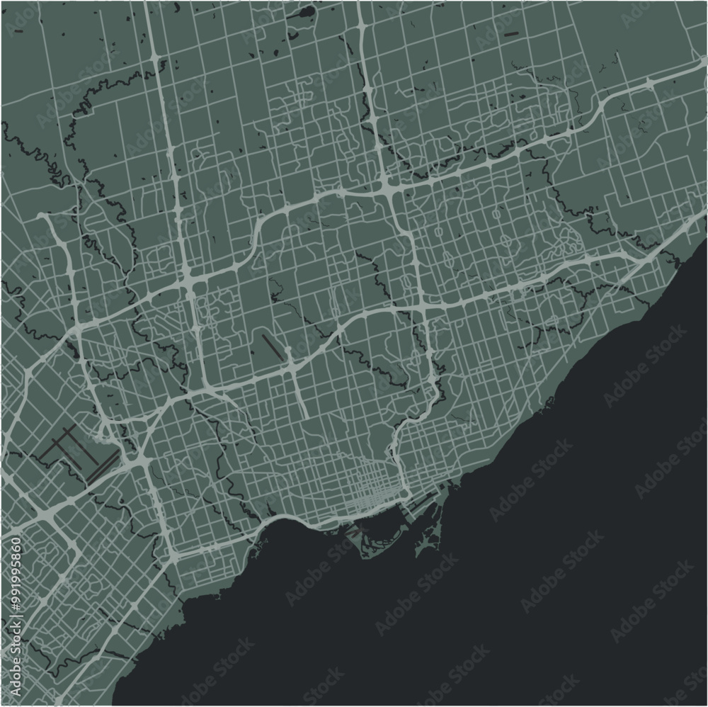 Map of Toronto in Canada in a smooth dark style. Contains layered ...