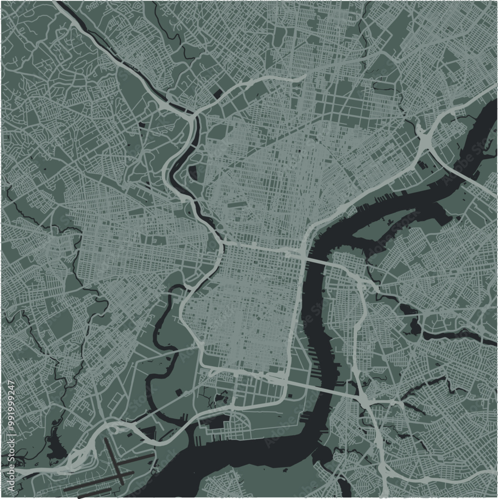 Map of Philadelphia in Pennsylvania in a smooth dark style. Contains ...
