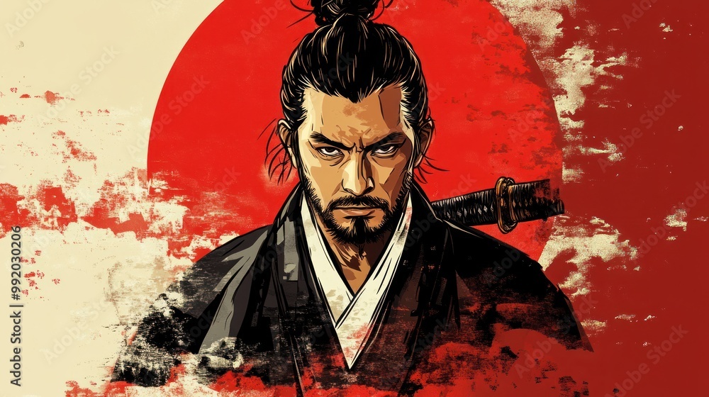 A samurai warrior with a serious expression, wearing traditional ...