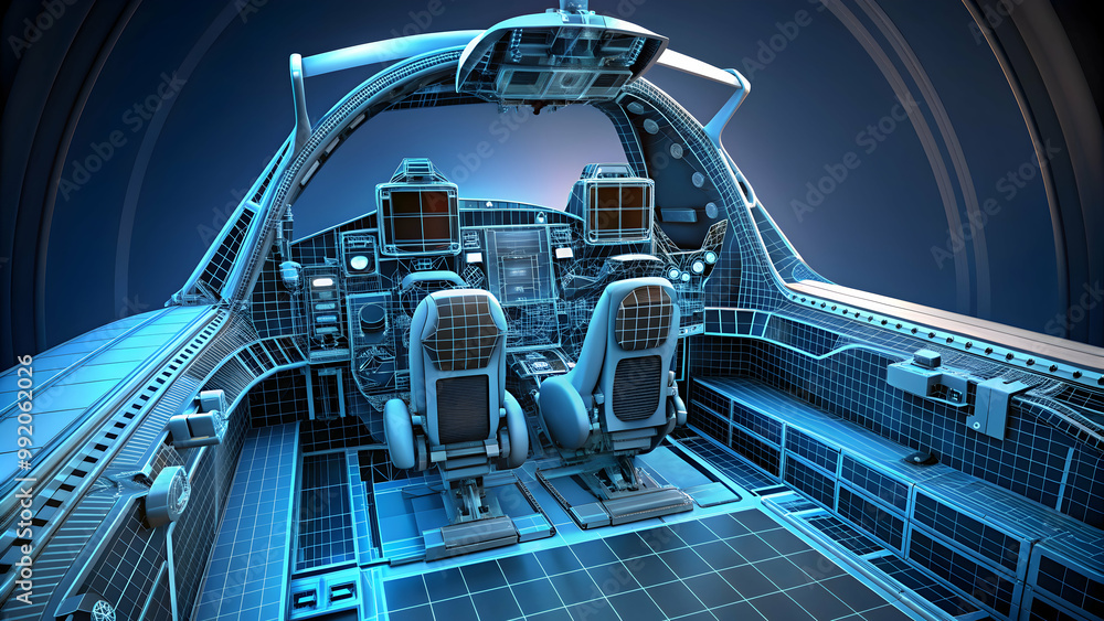 Advanced fighter jet cockpit mesh wireframe with detailed instruments ...