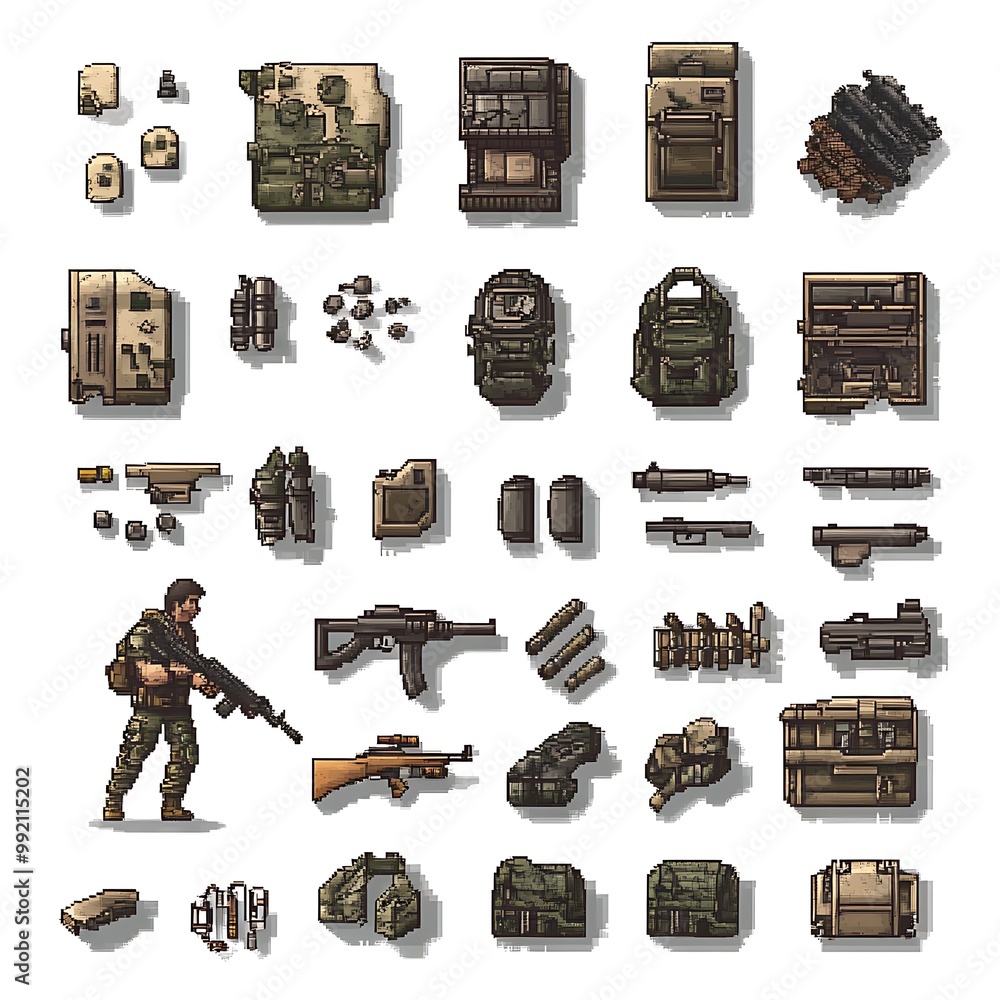 Pixel art military weapons, ammo, and soldier sprites for game ...