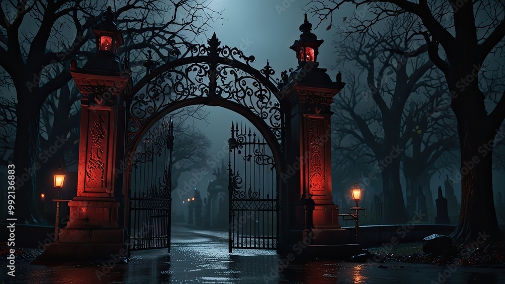 Spooky cemetery is pictured here at night with its wrought iron gates ...