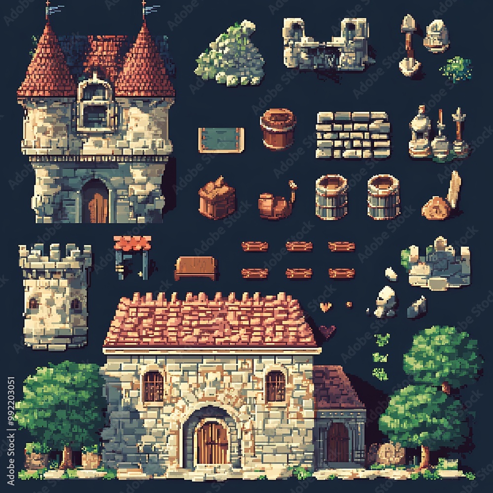 Pixel Art Medieval Castle and Village Building Spritesheet for Games ...