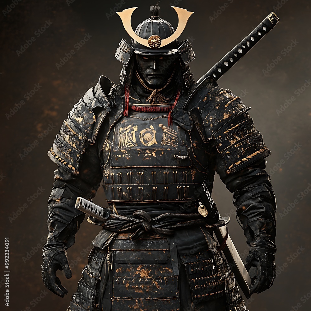 Samurai warrior in full armor with katana sword, dark background ...