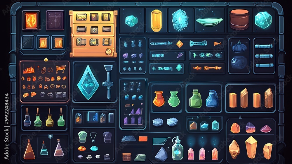 Fantasy Game UI Elements Sprite Sheet, Gems, Potions, UI Interface ...