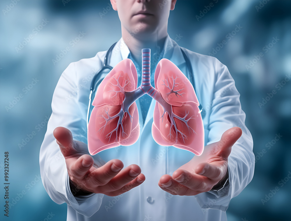 Doctor present model of red lungs in his hands. Pulmonary health and ...