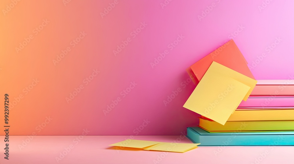 Blank colourful wall with copy space and a stack of post it, sticky ...