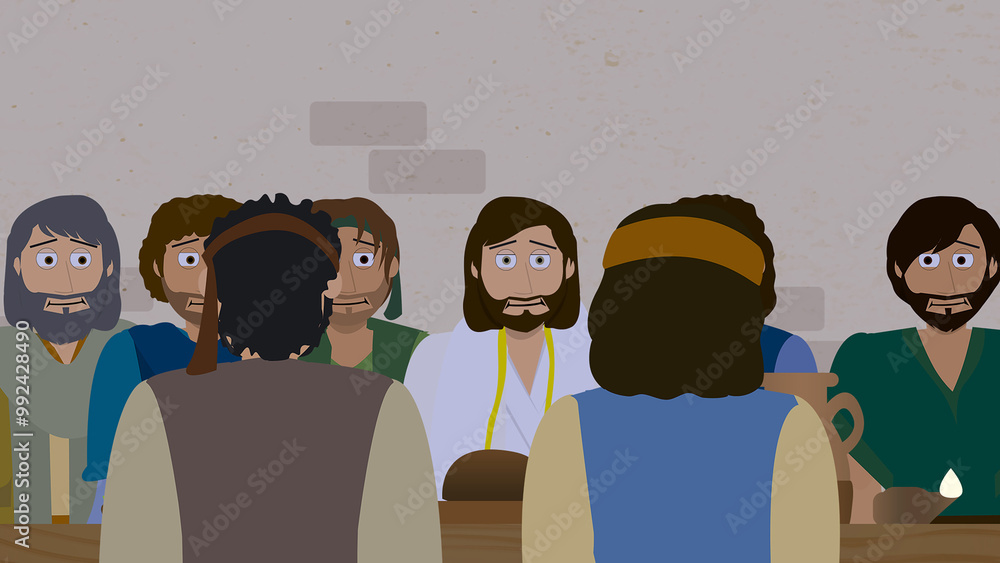 Cartoon Bible illustration of resurrected Jesus eating with His ...