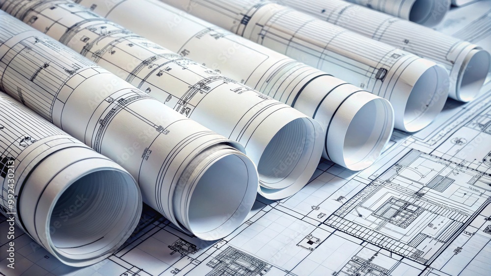 Electrical engineering drawings on rolls of paper, electrical ...