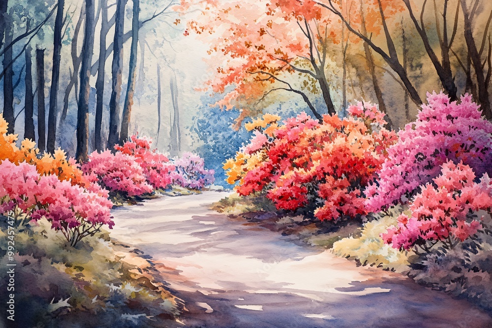 Watercolor painting of a pathway lined with vibrant azaleas and ...