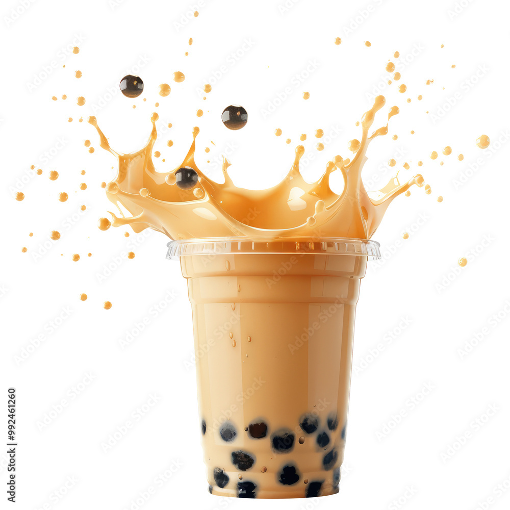 glass of boba tea, bubble milk tea splash isolated on transparent white ...