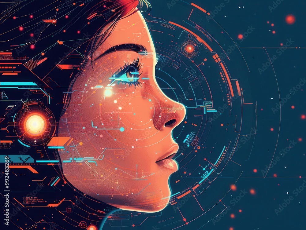 AI assistant flat design worm's-eye view technology theme anime ...