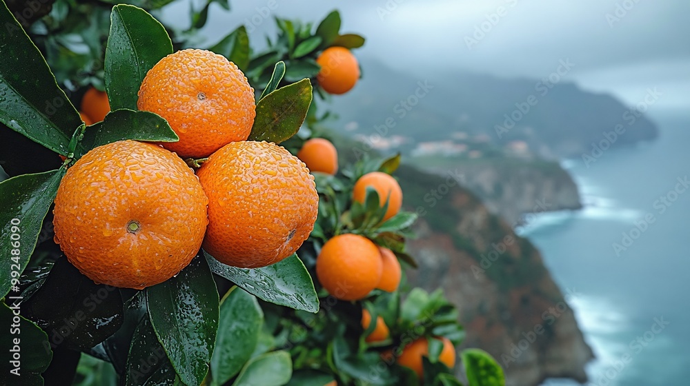 Clementine tree growing wild the cliffs overlooking a misty sea with ...