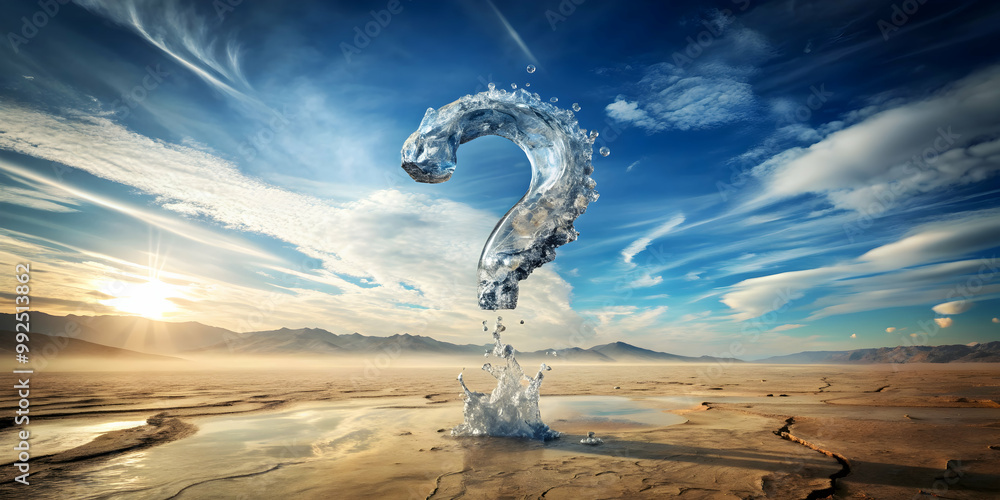 Question mark made of clear water floating in mid-air over a dry desert ...