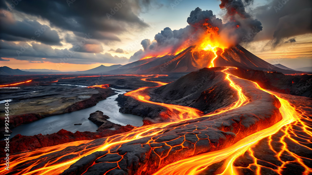 Molten lava flowing from volcanic eruption site , volcano, eruption ...