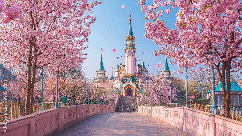 Lotte World Amusement Park with cherry blossoms in full bloom, the ...