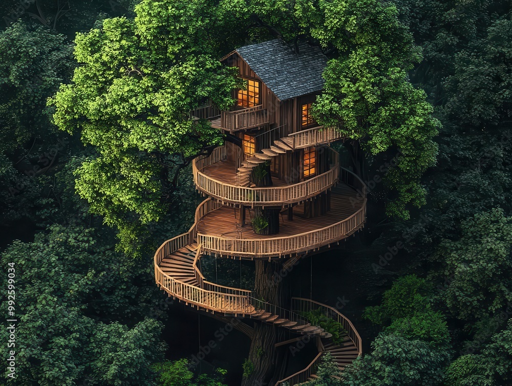 A multi-story tree house with an internal spiral staircase, connecting ...