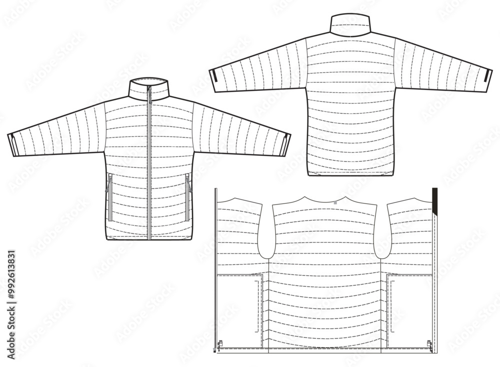 Puffer Jacket technical CAD fashion illustration front, back and open ...