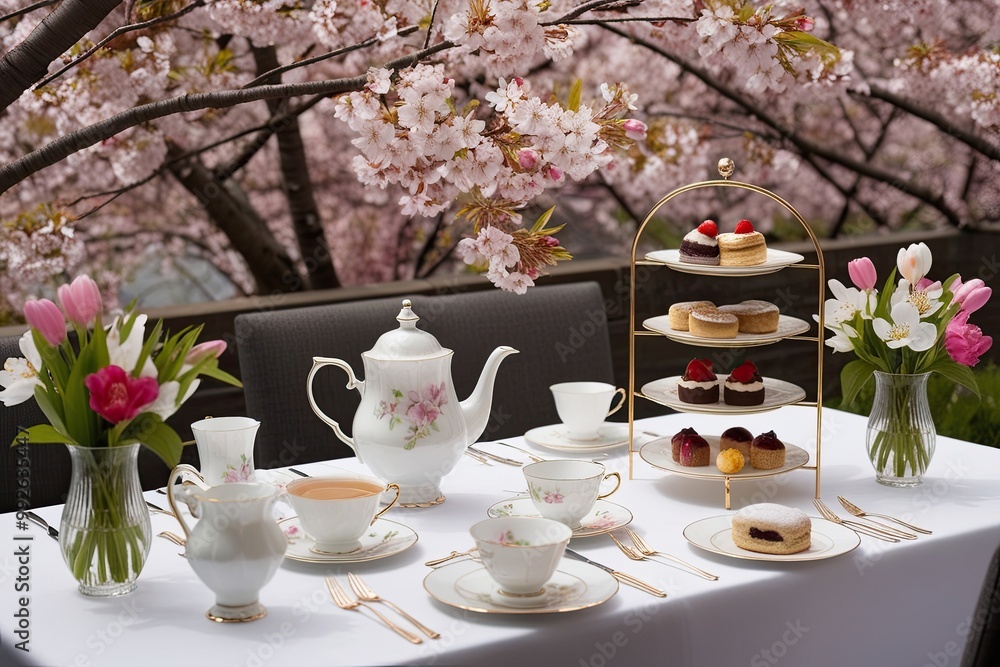 Elegant Spring High Tea Table Decor with Cherry Blossom Centerpieces ...