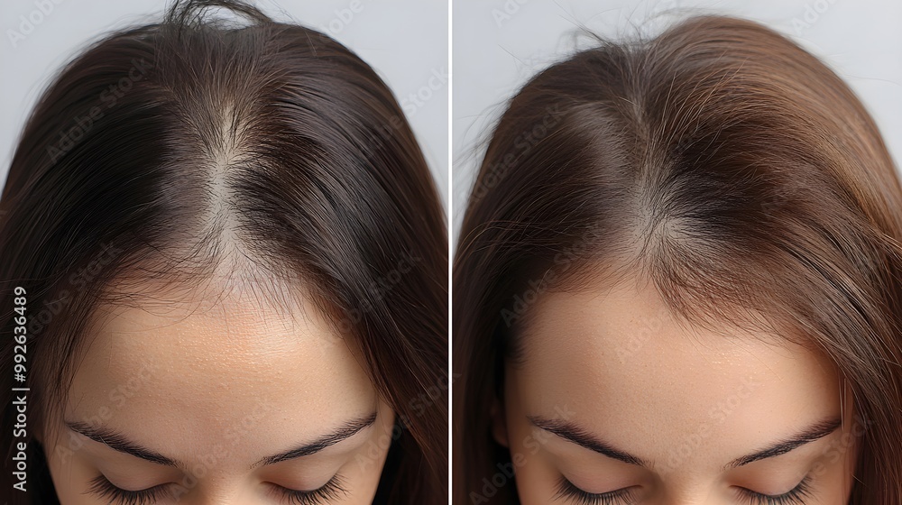 Before-and-after close-up of a woman's hairline, highlighting ...