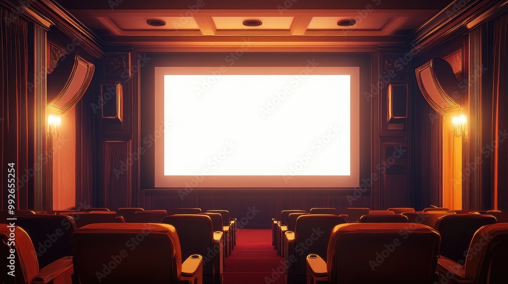 Cozy movie theater interior with dim lighting, brown seats, and a large ...