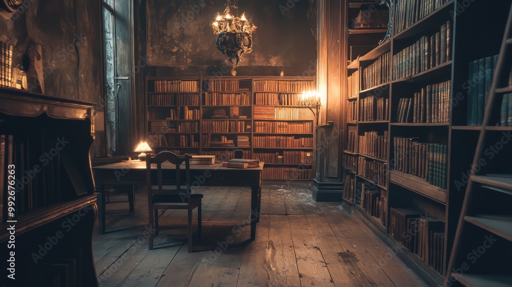 Mysterious old library with dusty books and dim lighting, ideal for ...