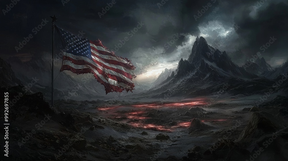 Nightmarish landscape with a broken American flag fluttering over a ...
