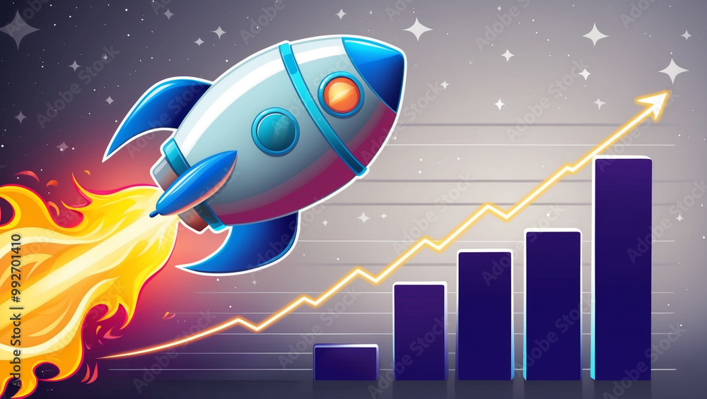A 3D cartoon rocket launching with vibrant flames and smoke, leaving ...