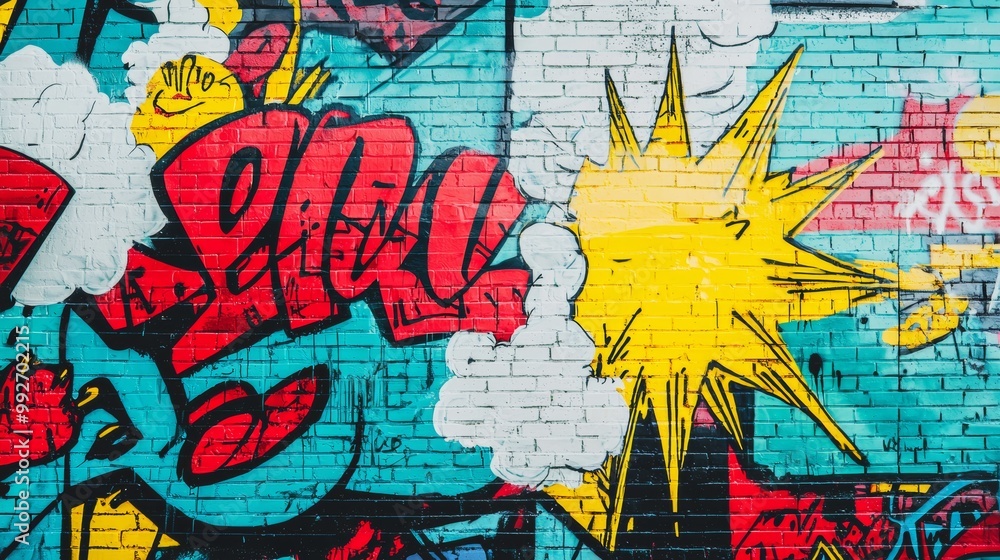 Vintage comic-style graffiti wall, street art with retro comic book ...