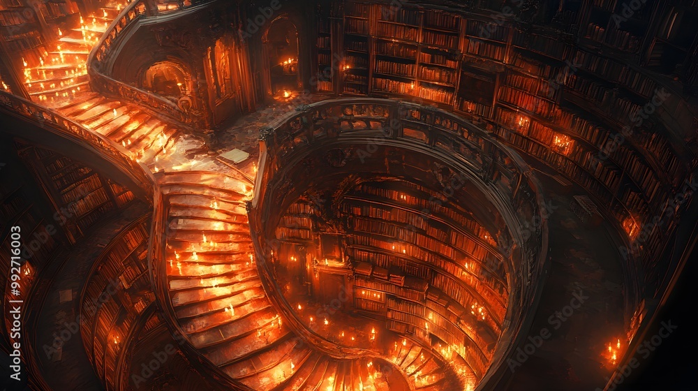 A grand circular library tower, filled with ancient scrolls and books ...