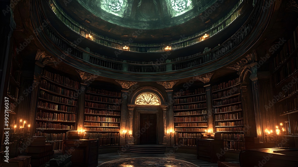 A grand circular library tower, filled with ancient scrolls and books ...