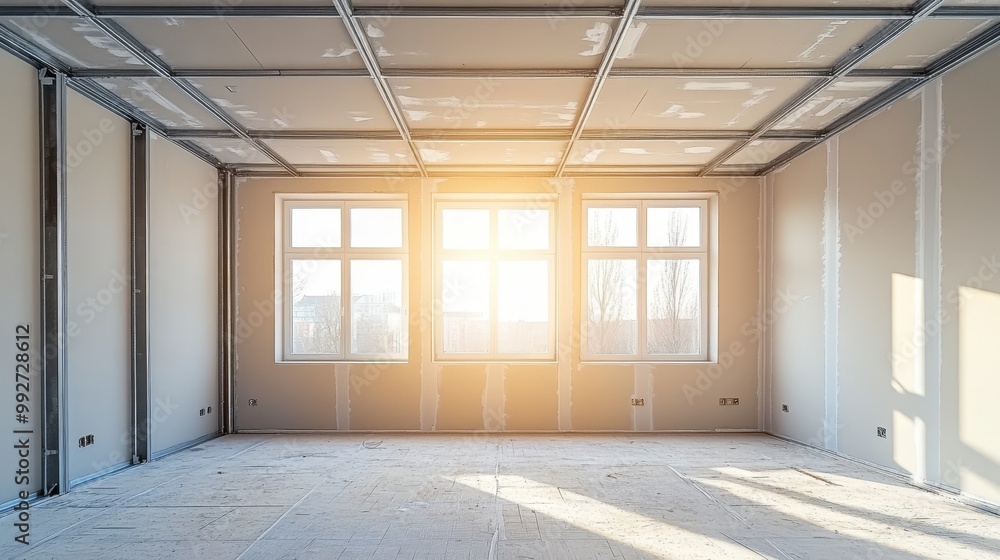 Aluminum ceiling frame installation, metal profiles aligned for ...