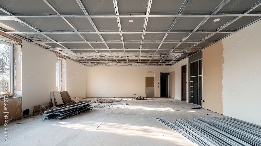 Aluminum ceiling frame installation, metal profiles aligned for ...