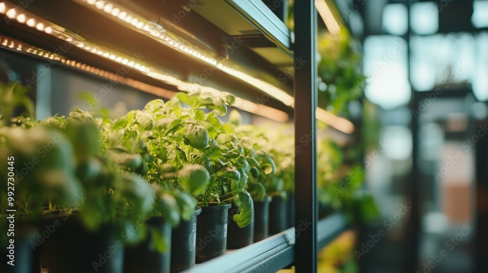 Advanced indoor farming system with hydroponic shelves, plants ...