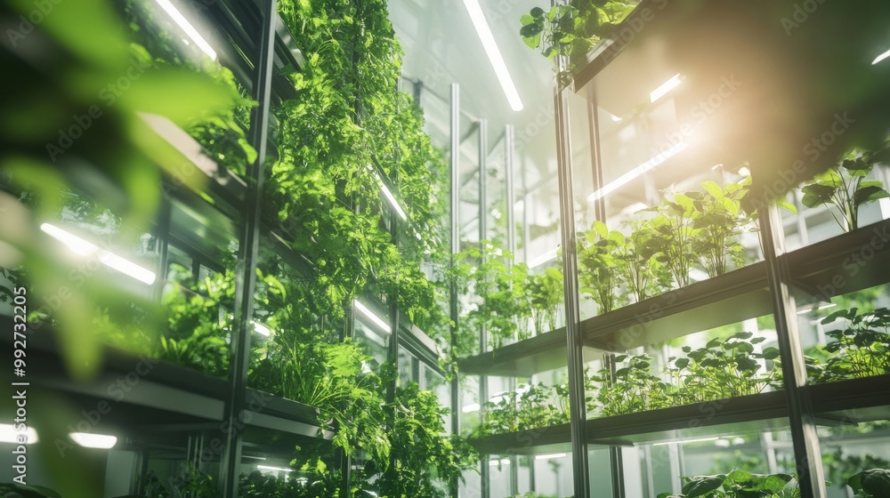 High-tech hydroponic vertical farm inside a modern building, green ...