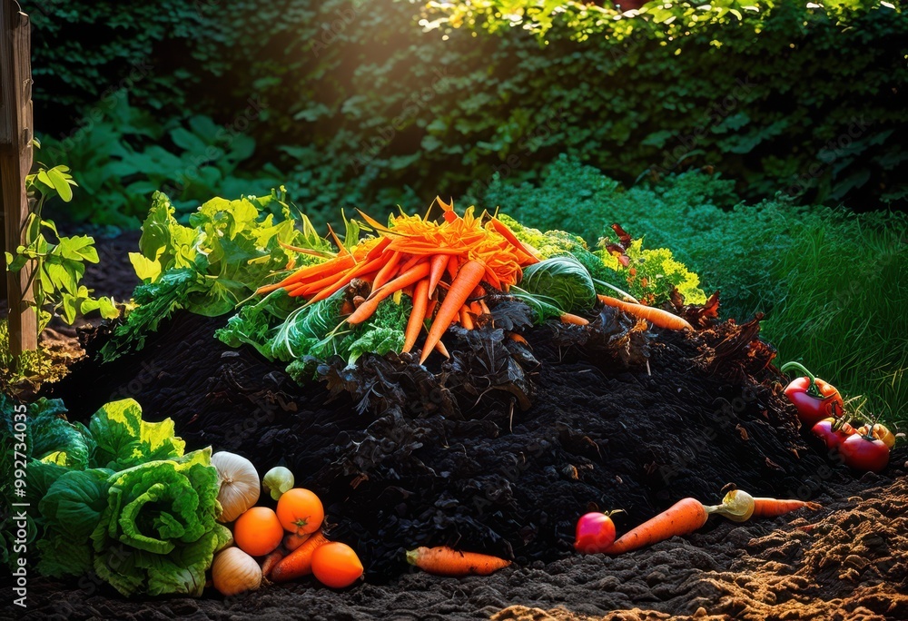 vibrant compost pile overflowing colorful assorted vegetable scraps ...
