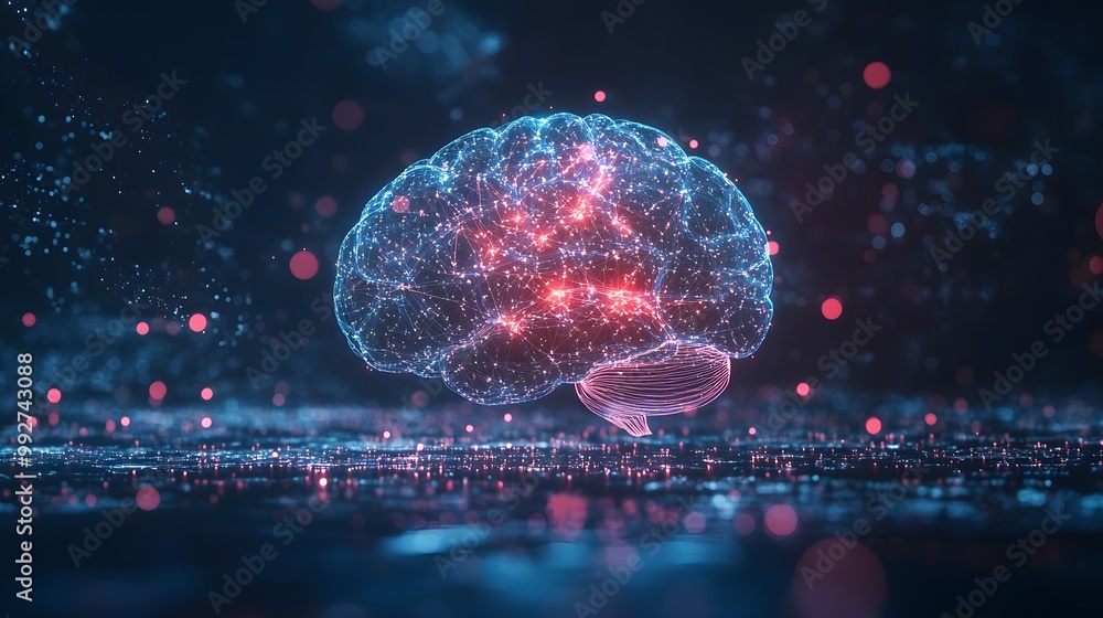 9. A visualization of artificial intelligence, with a glowing brain composed of data points and ...