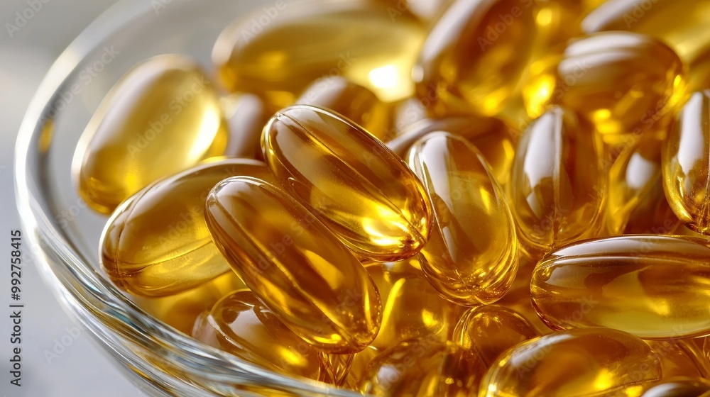 Macro Perspective of Golden Omega-3 Gel Capsules in a Glass Bowl ...