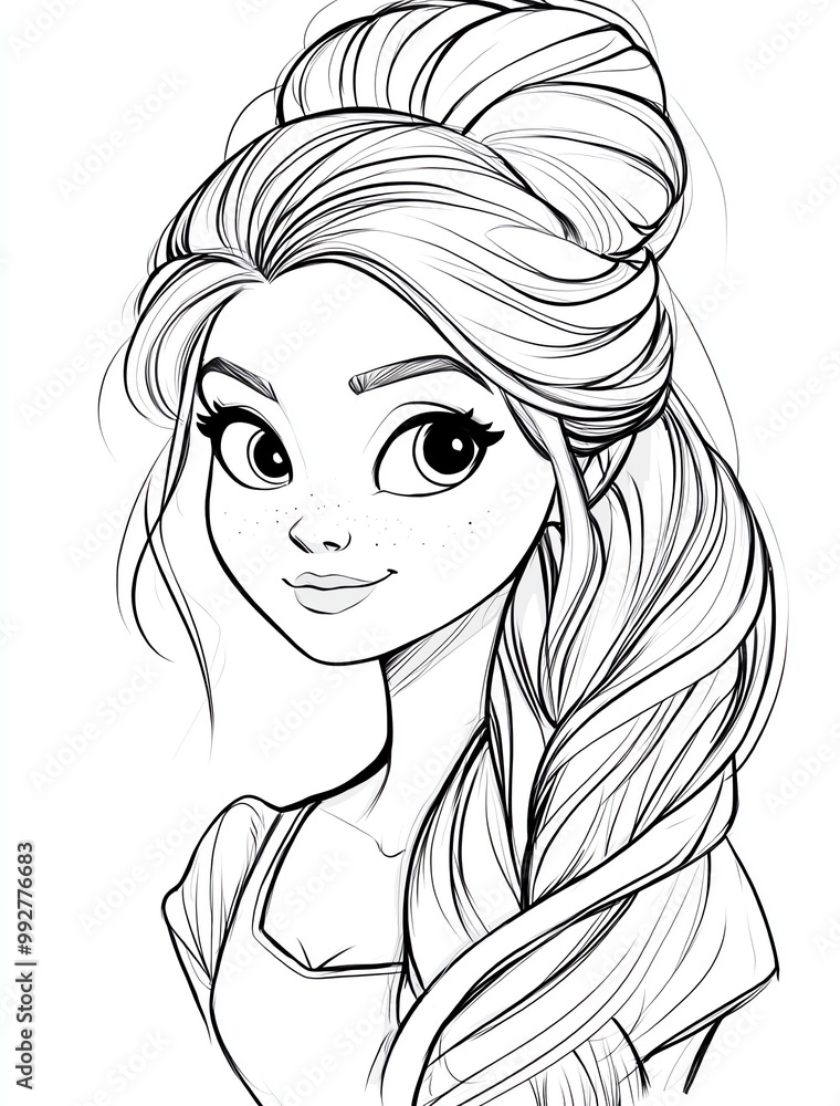 A simple coloring page line art illustration of Elsa from Frozen, with ...