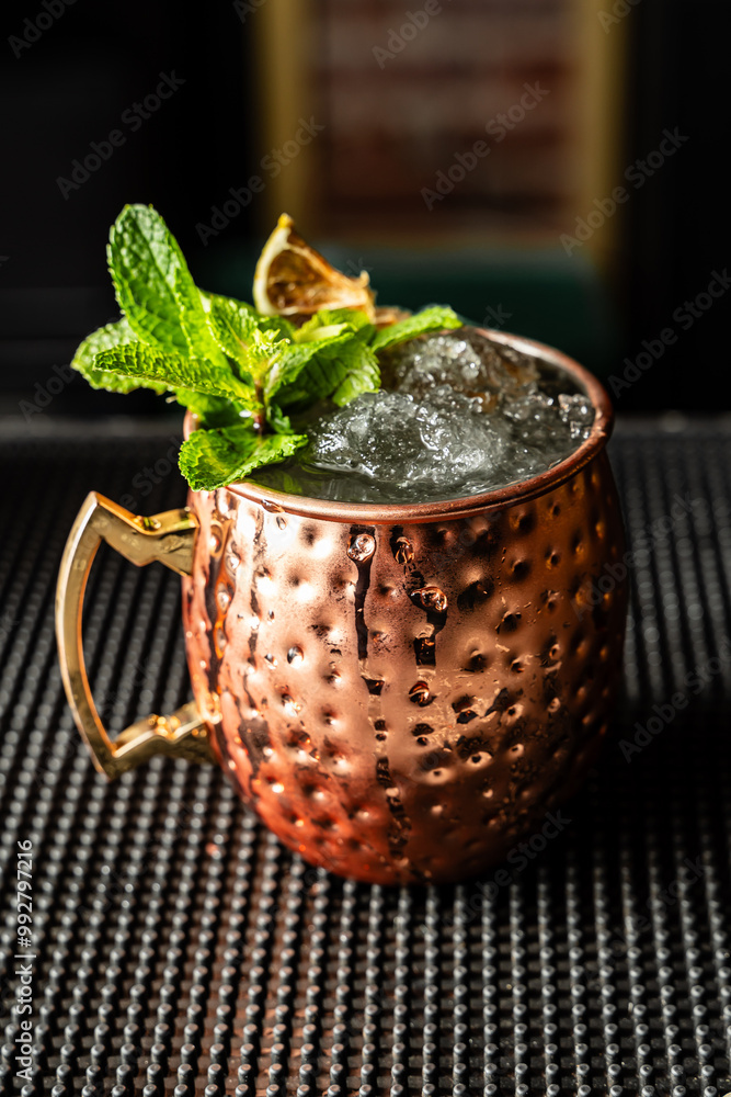 Cocktail made with vodka, moscow mule in metal glass. Bars and ...