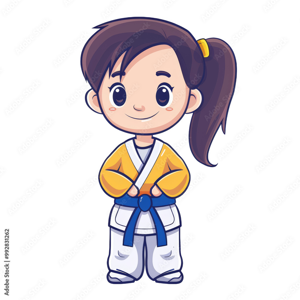 A smiling cartoon girl wearing a yellow karate gi and a blue belt, with ...